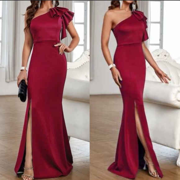 Accessories | Luxe Red Slit Thigh Ruffle Trim Mermaid Hem Party Formal ...
